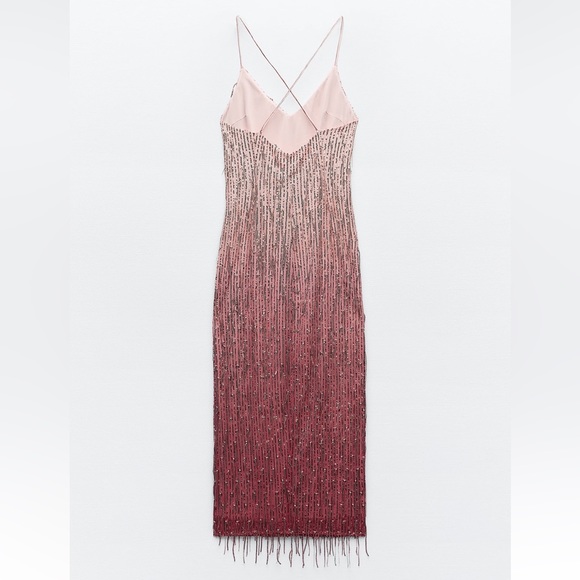 Zara | Dresses | Zara Fringe Sequin Slip Dress Ombr Pink Nwt | Poshmark
